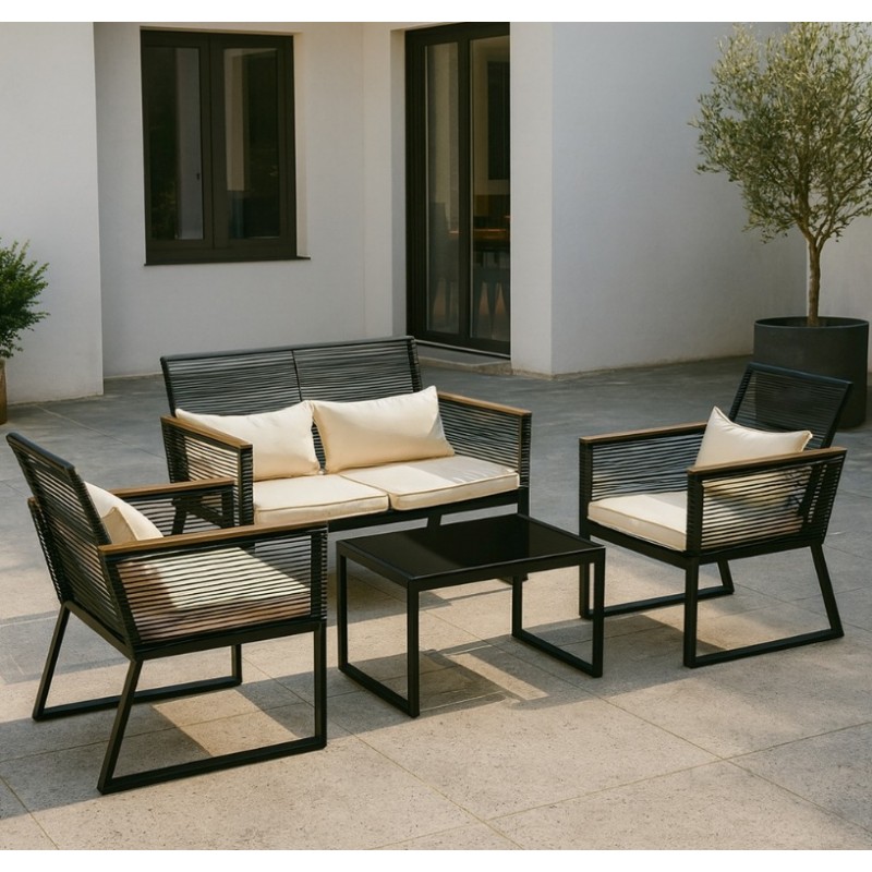 Set de Terraza Arrayán Negro JH-415 con Mesa de Vidrio y Cojines Beige