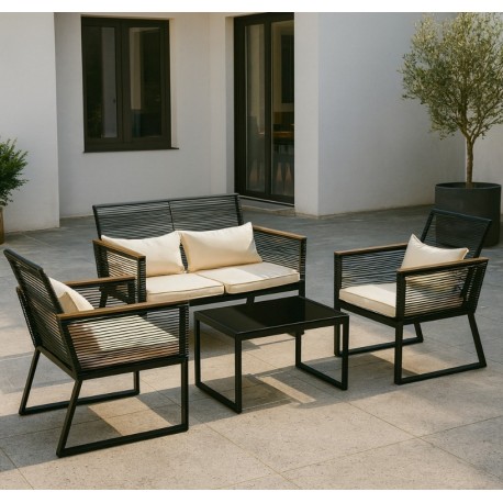 Set de Terraza Arrayán Negro JH-415 con Mesa de Vidrio y Cojines Beige